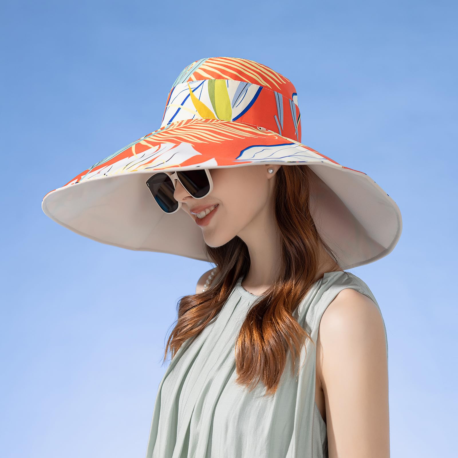 7" Women's Wide Brim Sun Hat, Large Foldable UV Protective Sun Hat, can be worn on both sides, suitable for beach, gardening, travelling, hiking(Flower/Khaki)