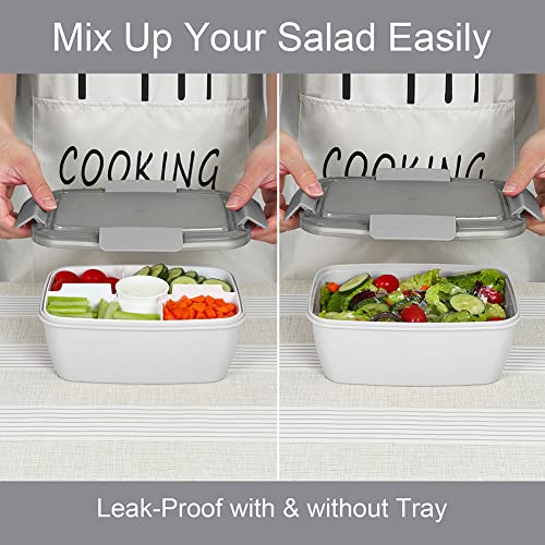 Caperci Large Salad Container for Lunch - Better Adult Bento Lunch Box 68 oz, 5-Compartment Tray, 2pcs 3-oz Sauce Cups, Stackable, BPA-Free (Gray)