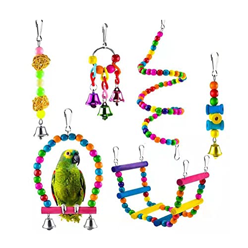 Bird Toys 6Pcs Wooden Hanging Bell with Hammock Climbing Ladders Colorful Pet Bird Swing Toys for Budgerigar, Parakeet, Conure, Cockatiel, Mynah, Love Birds, Finches