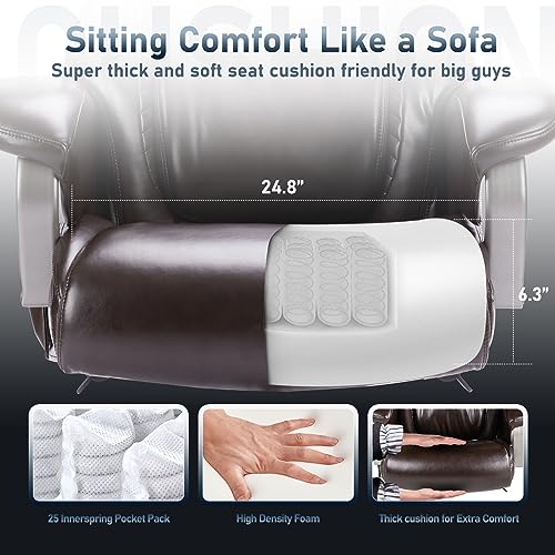 Big and Tall Office Chair 500lbs-Heavy Duty Ergonomic Computer Chair with Extra Wide Seat, High Back Executive Large Desk Chair with Thick Seat and Tilt Rock, Adjustable Lumbar Support-Brown