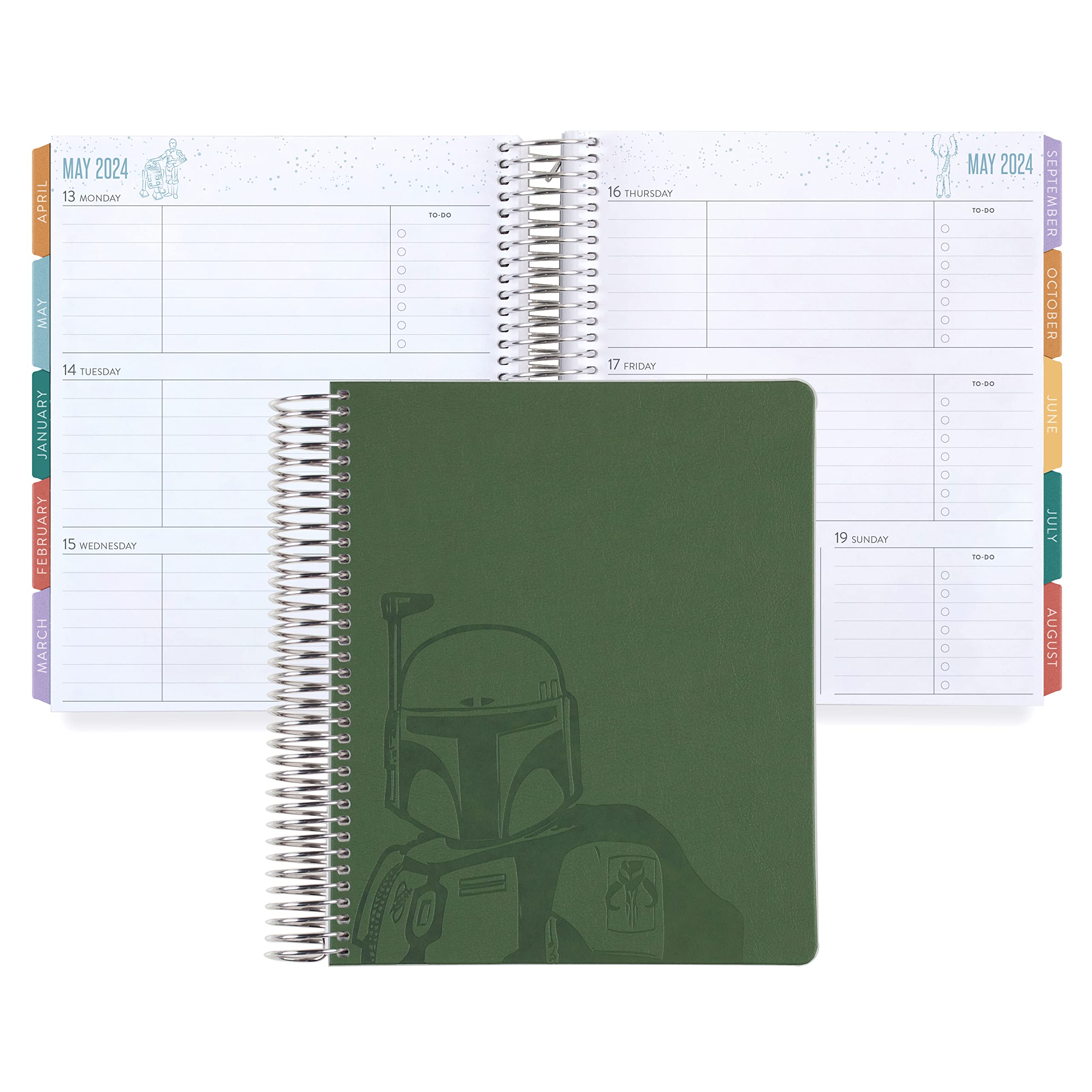 7" x 9" Academic 12 Month Planner Spiral Bound (August 2023 - July 2024) - Boba Fett Moss Vegan Leather Cover + Star Wars Theme. Pages for Class Schedule, Notes, Projects & Exams by Erin Condren