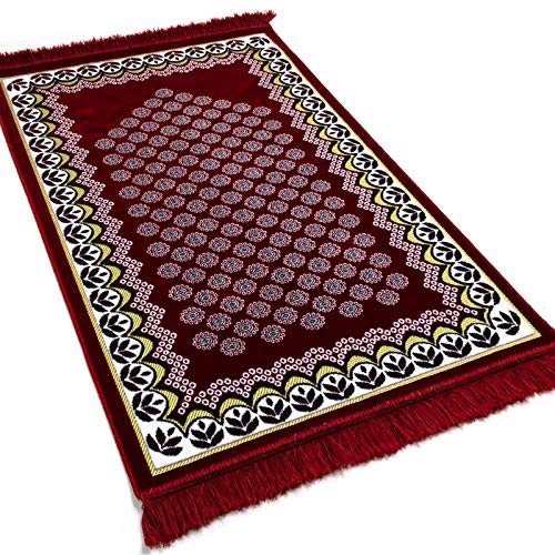 Modefa Prayer Rug Free Prayer Cap & Beads - Thin Velvet Namaz Sajadah Janamaz Floral Daisy Arch (Red)