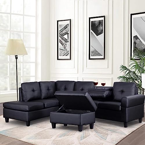 EMKK L-Shape Sofa Couch with Chaise Lounge,Modern Upholstery Sectional SofĂĄ with Storage Ottoman for Living Room Furniture Set, Apartment and Large Space, Black