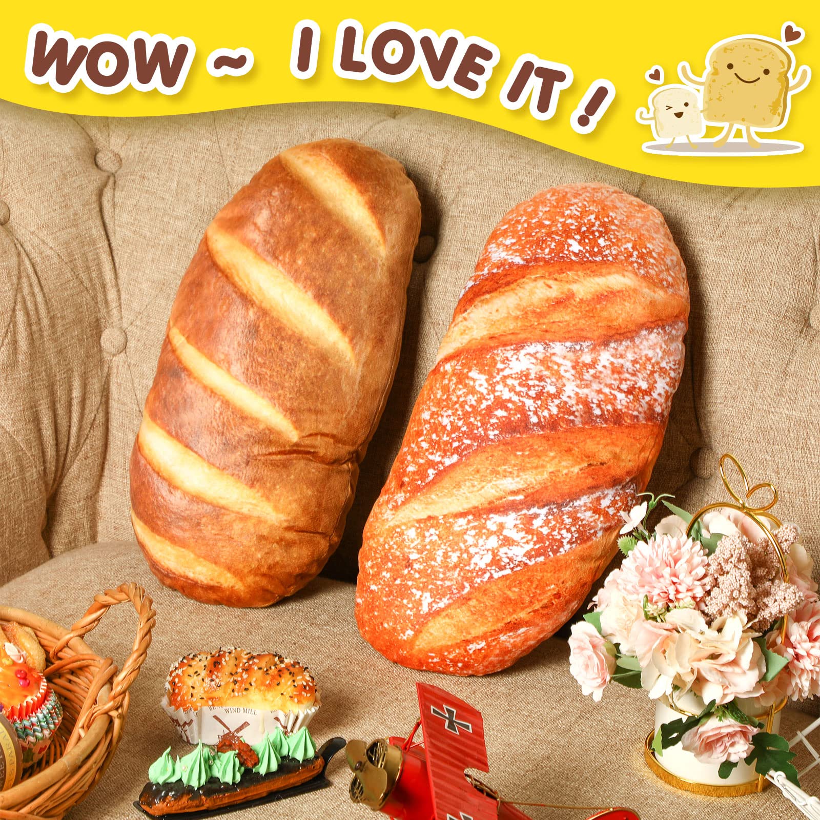 Yookeer 2 Pieces Jumbo 3D Simulation Bread Shape Pillow 16 Inch Butter Soft Lumbar Back Cushion Giant Bread Pillow Loaf Cute Food Plush Pillow Stuffed Food Pillows for Home Decor Office Decoration