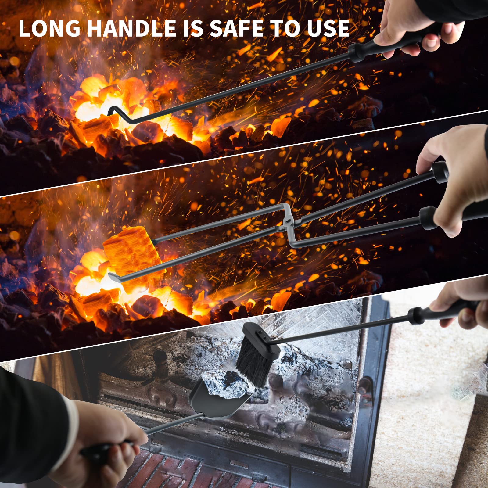 Firesrc 5Pcs Fireplace Tools Set Black Handle Wrought Iron and Holder Outdoor Fireset Fire Pit Stand Indoor Rustic Tongs Shovel Antique Brush Chimney Poker Wood Accessories Kit