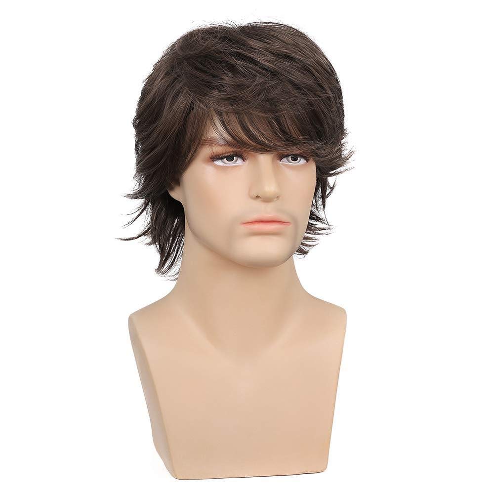 Short Brown Wig for Mens Layered Natural Fluffy Synthetic Hair Wig Heat Resistant Halloween Cosplay with Wig Cap