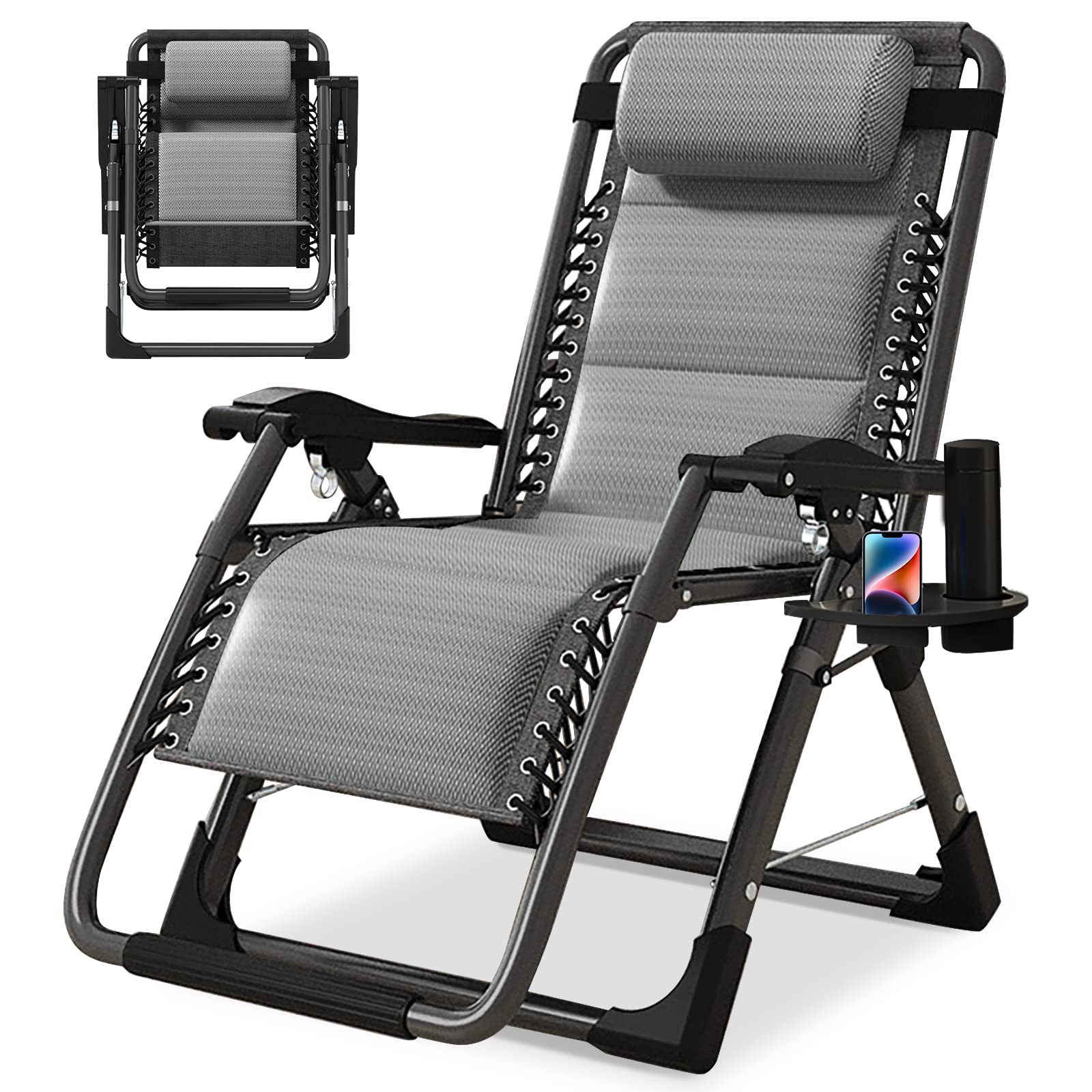 Barbella Zero Gravity Chair Reclining Lounge Chair Patio Chairs, Adjustable Lawn Recliner Folding Lounge Recliners with Removable Cushion, Headrest & Cup Holder, Ice Touch Silk Reclining Chair