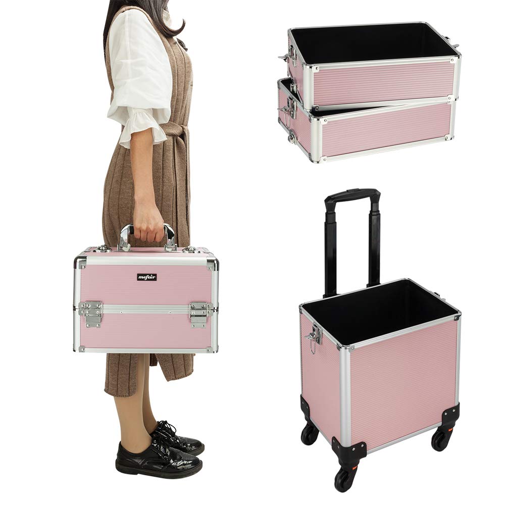 mefeir 4 in 1 Rolling Makeup Train Case, Aluminum Makeup Travel Organizer Cosmetic Case, Cosmetology Display Suitcase on Wheels, Beauty Storage Luggage Lockable w/4 Removable Wheels (Pink)