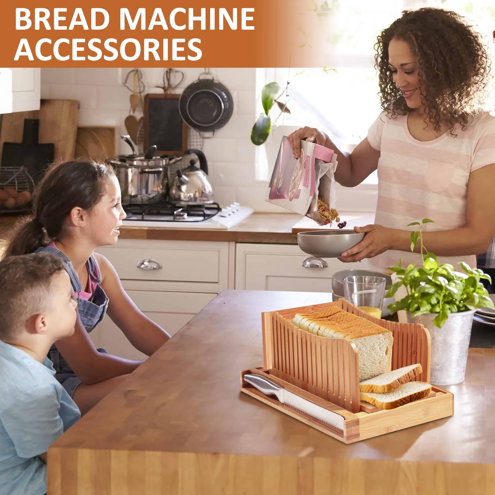 Bamboo Bread Slicer with Bread Knife for Homemade Bread, 3 Slice Thickness, Foldable Compact Cutting Guide with Crumb Tray and Stainless Steel Knife, Easy to cutting Bagels, Cakes,Sourdough Bread