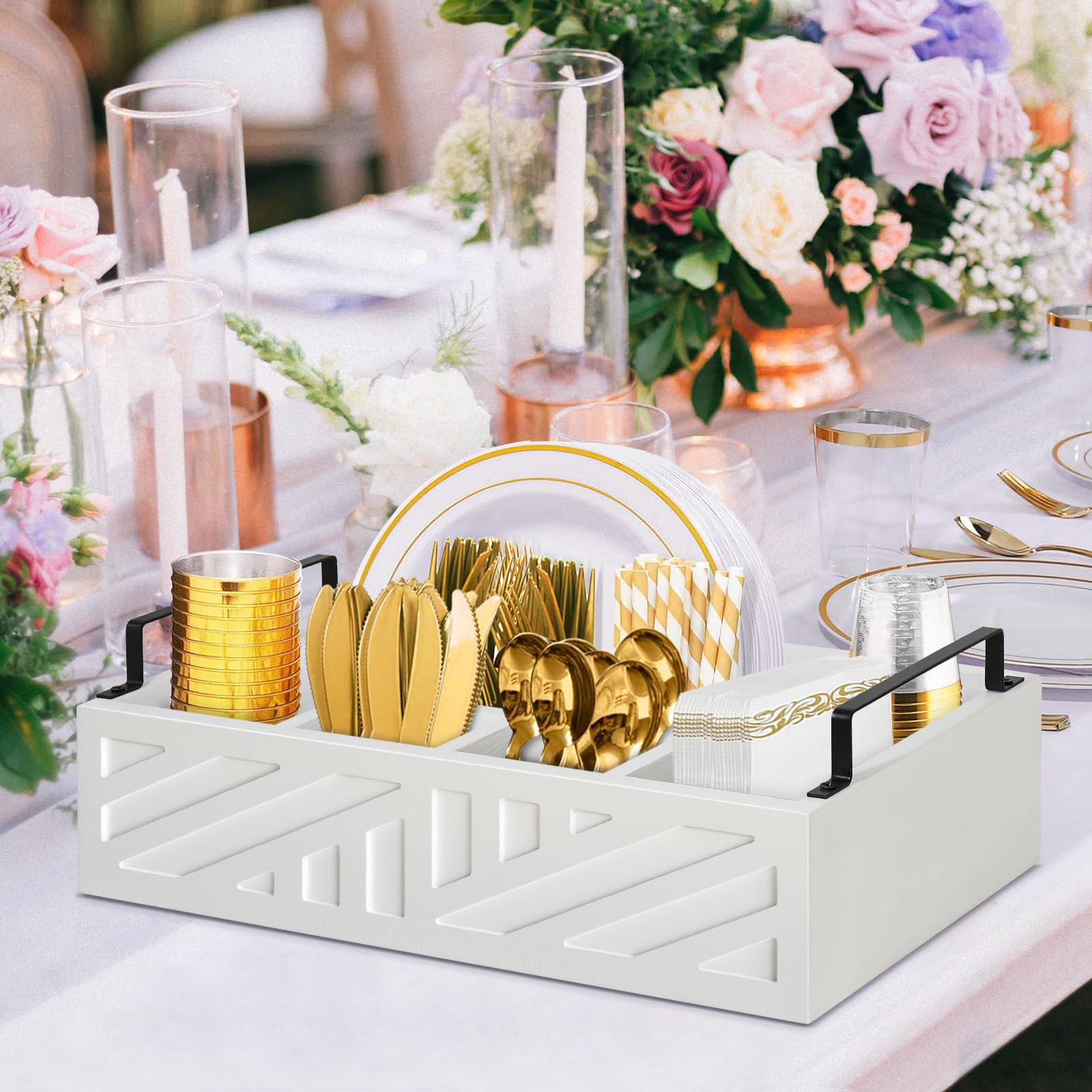 Ameuphercy Paper Plate Holder Utensil Caddy for Kitchen Counter,Paper Plate Dispenser with Large Cup Holder for Kitchen Counter, Paper Plate Organizer for Party,Wedding, BBQ(White-Carving)