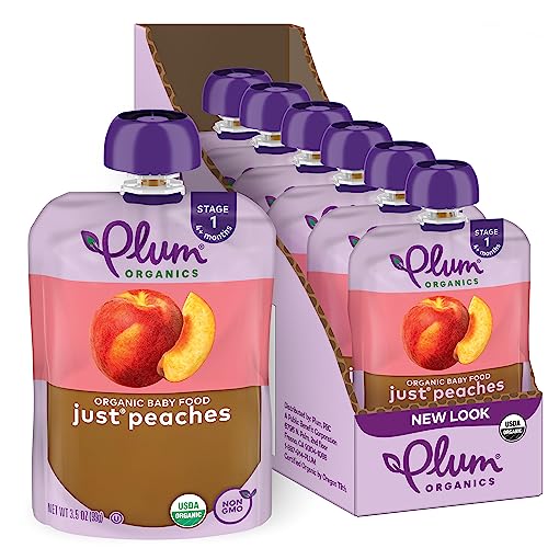 Plum Organics Stage 1 Organic Baby Food - Just Peaches - 3.5 oz Pouch (Pack of 6) - Organic Baby Food Pouch
