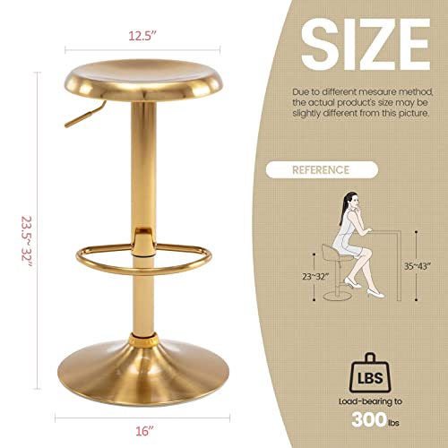 Brage Living Adjustable Bar Stool, Swivel Round Metal Airlift Barstool, Backless Counter Height Bar Chair for Kitchen Dining Room Pub Cafe (Gold)
