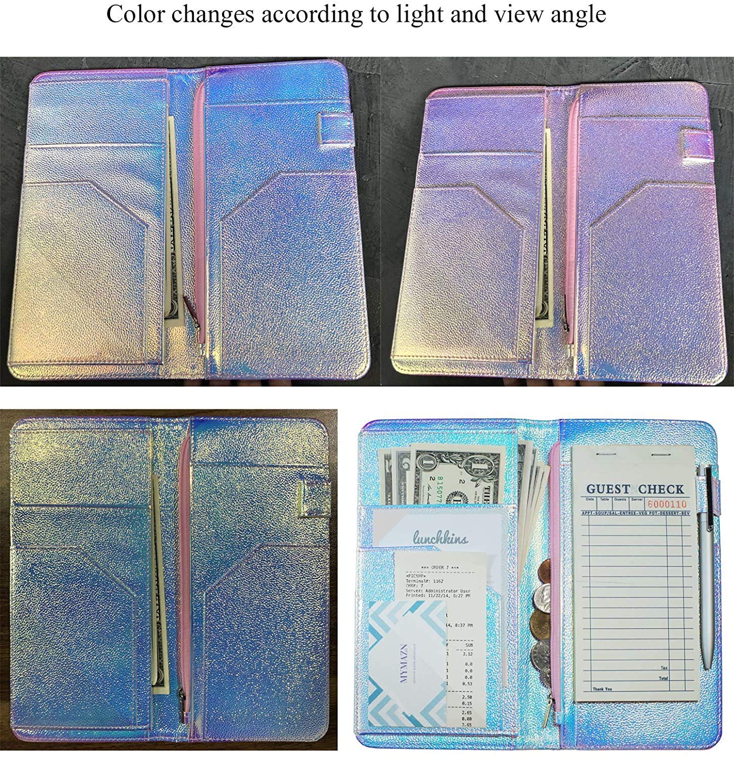 Zreal Server Book for Waitress with Zipper Pocket, 5 X 9 Serving Book, Magnetic Closure Pocket with Big Volume, Pen Holder for Waiter Server Wallet Fit Waitress Apron (Iridescent B)