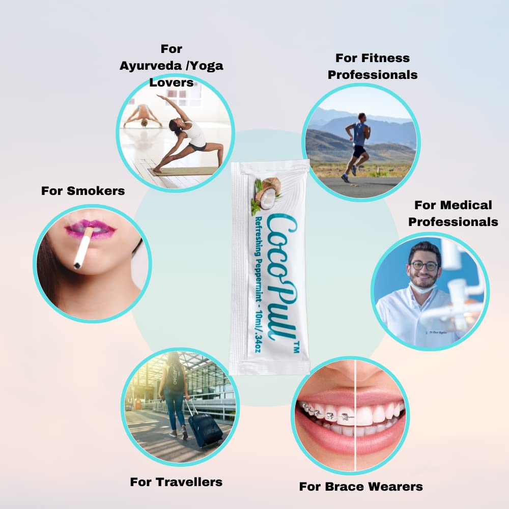 CocoPull - Organic Oil Pulling 14 Packets/Sachets with Coconut and Peppermint Oil for Healthy Teeth, Gums, Bad Breath Remedy. Natural Teeth Whitening.
