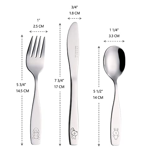 Exzact Children's Flatware Kids Silverware 9pcs/Toddler Utensils 3 x Forks, 3 x Safe Dinnerknives, 3 x Dinner Spoons - Dog Cat Bunny Engraved Design