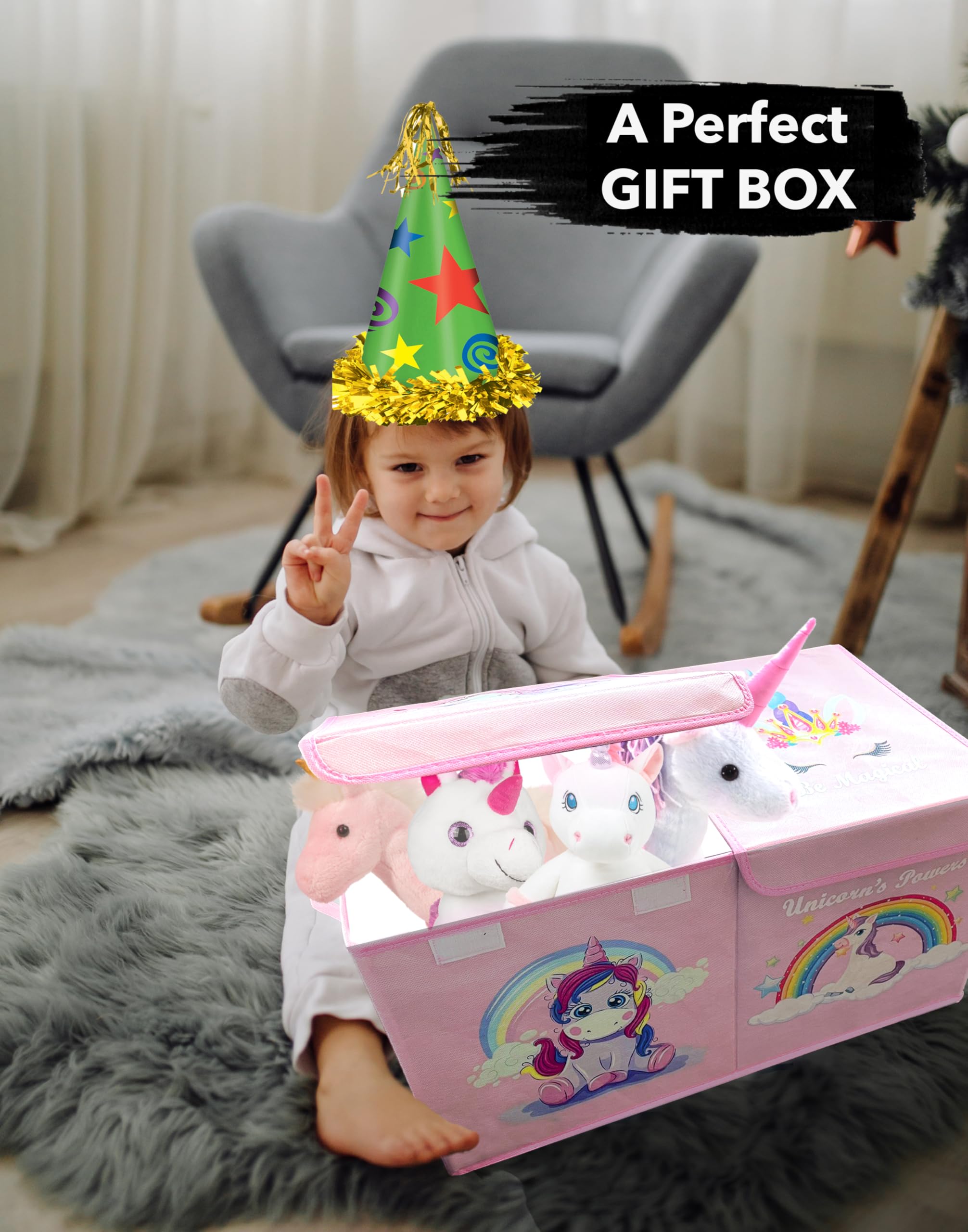 NINOSTAR Girls Unicorn Toy Storage Chest Glowing Décor Functional Organizer Cube Drop Fabric Box with Handles Perfect for Games, Parties, Birthdays