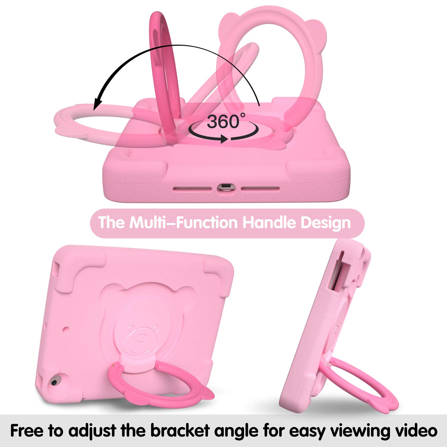 PZOZ iPad Kids Case Compatible for Apple iPad Air 1/2 / 6th Generation 2018 / 5th Gen 2017 9.7 inch, EVA Shockproof Rotate Handle Folding Stand Heavy Duty Protective Cute Cover for Boys Girls (Pink)