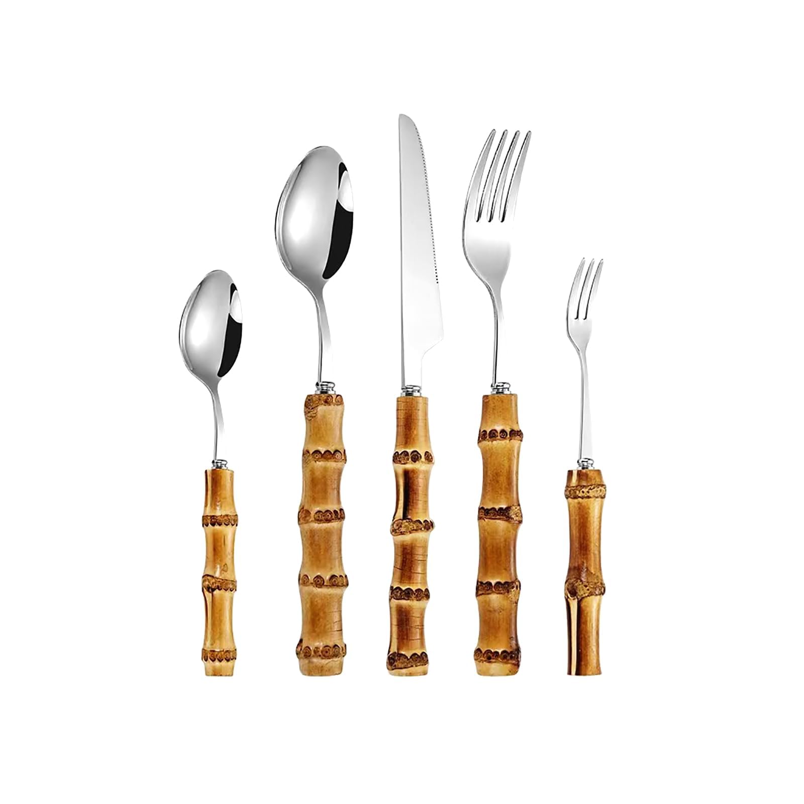 bamboo cutlery set,30-piece bamboo silverware set,bamboo handle flatware, bamboo 18/10 flatware service for 6, bamboo forks and spoons for eating,dishwasher safe (30 piece for 6)