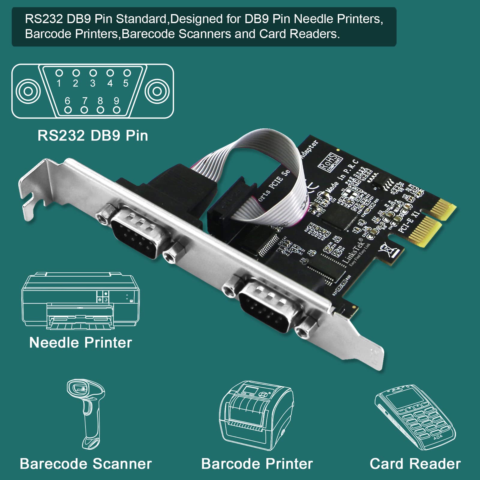 LinksTek 2-Port PCI Express RS-232 DB9 Serial Port Card for Windows XP, Vista,7, 8.x, 10, 11 32/64bit and Linux PCs, PCIE RS232 Card, PCIE Serial DB9 Port Card (PCIE-SE2)