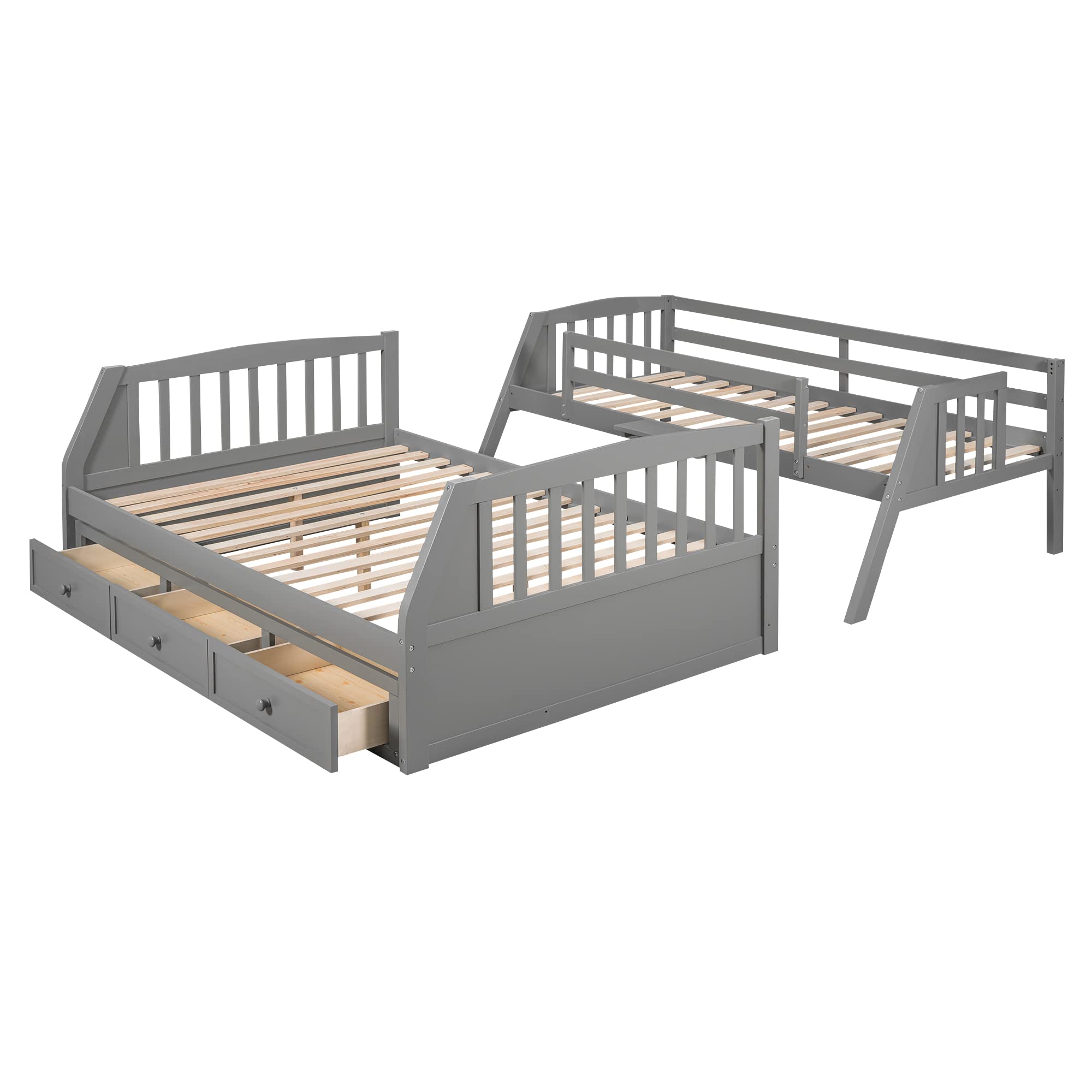 Bellemave Twin Over Full Bunk Bed with Stairs and Storage Drawers, Wood Bunk Bed Frame with Three Drawers and Shelves, Modern Detachable Bunked Frame for Kids Boys Girls Teens, Gray