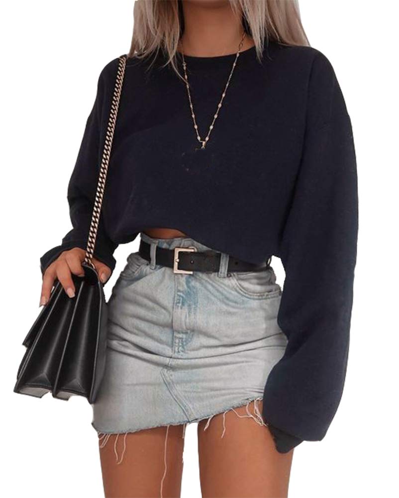 Artfish Women's Crewneck Long Sleeve Workout Casual Cropped Teen Loose Sweatshirts Black S