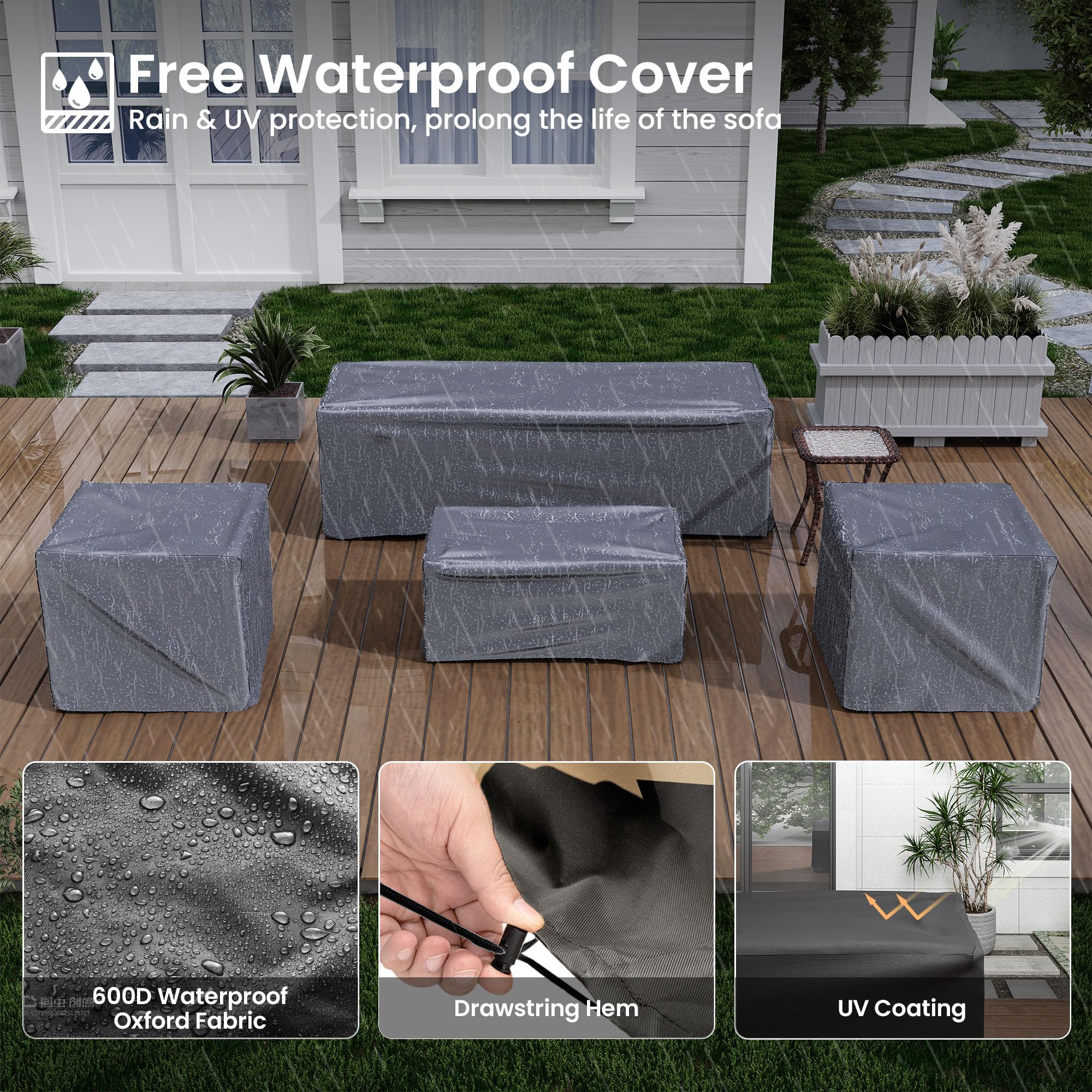 Amopatio Patio Furniture Set with Fire Pit Table, Outdoor Furniture Sectional Sofa with Swivel Chairs, Modern Conversation Sets for Balcony Backyard, Grey(Include Waterproof Covers )