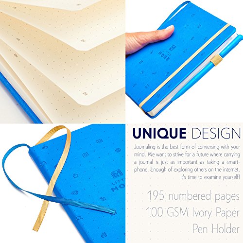 Little More Dot Grid Notebook - Dotted Notebook Journal Hardcover with Thick Paper - Leather Pocket Bullet Planner (7" x 5.5") - Small Diary with Numbered Pages with Pen Loop (Blue)