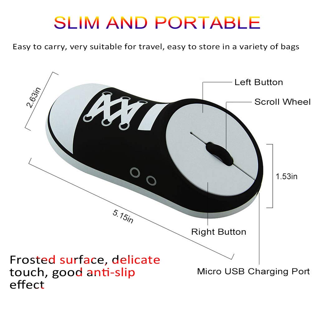 CHUYI Cool Canvas Shoes Shape Ergonomic Design Rechargeable Wireless Mouse Slim Optical Mice with USB Receiver (Stored at Bottom of The Mouse) for PC, Laptop, Computer (Black)