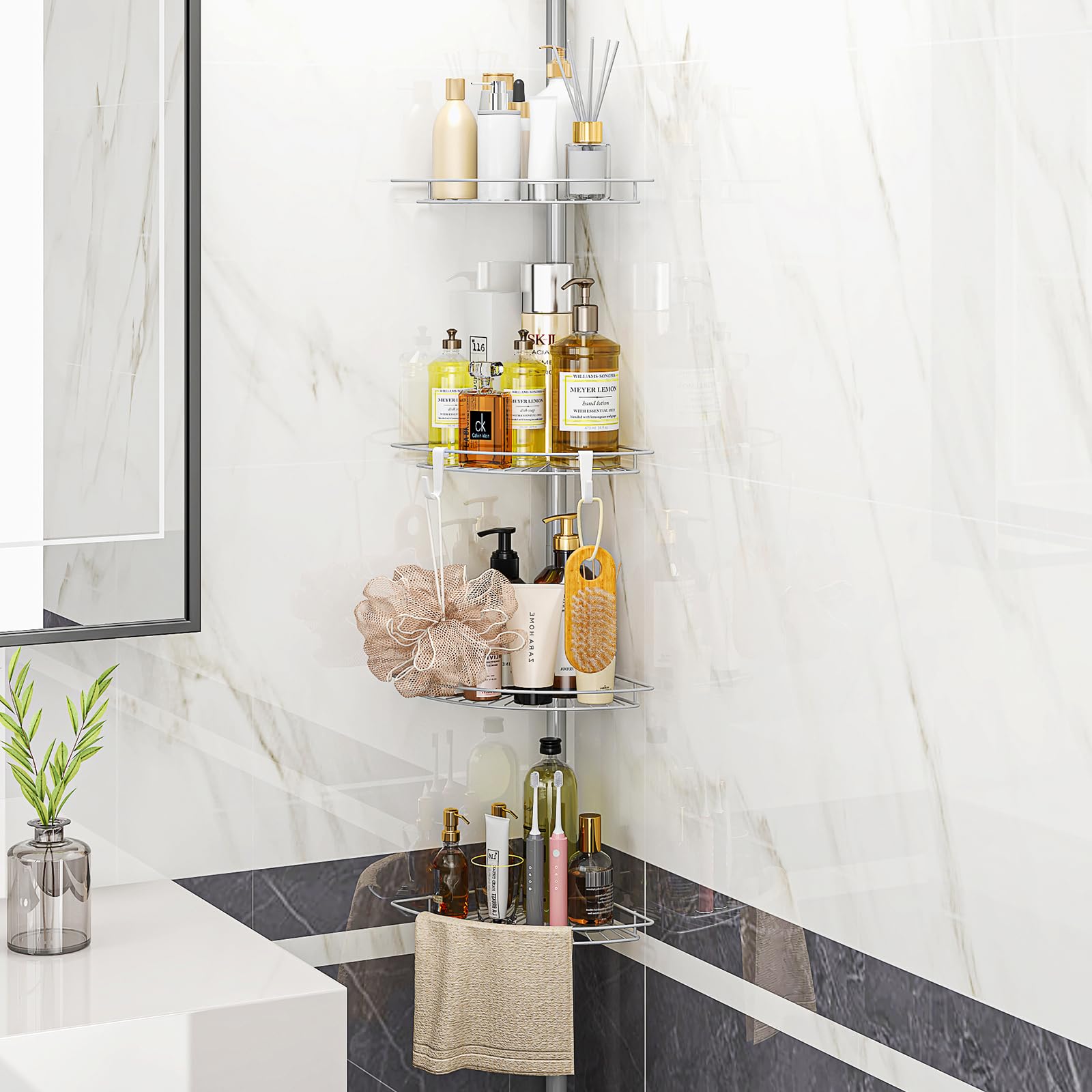 AIYAKA Tension Corner Shower Pole Caddy, Bathroom Storage Organizer, 65 to 106 inch Adjustable Height, with 2 Hooks, Silver
