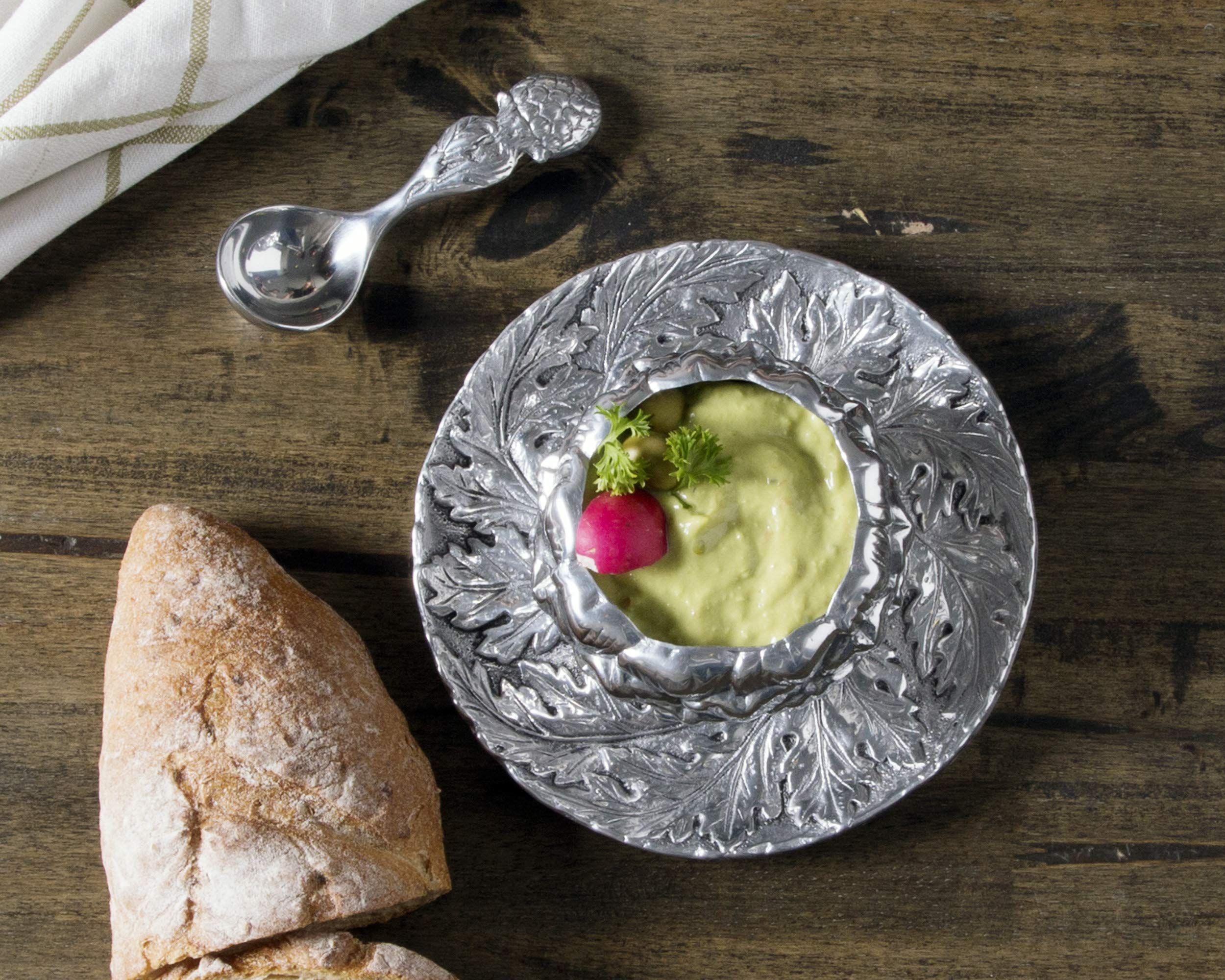 Arthur Court Aluminum Artichoke Condiment Set 3 piece Bowl, Tray, Spoon 7 inch Diameter Tray