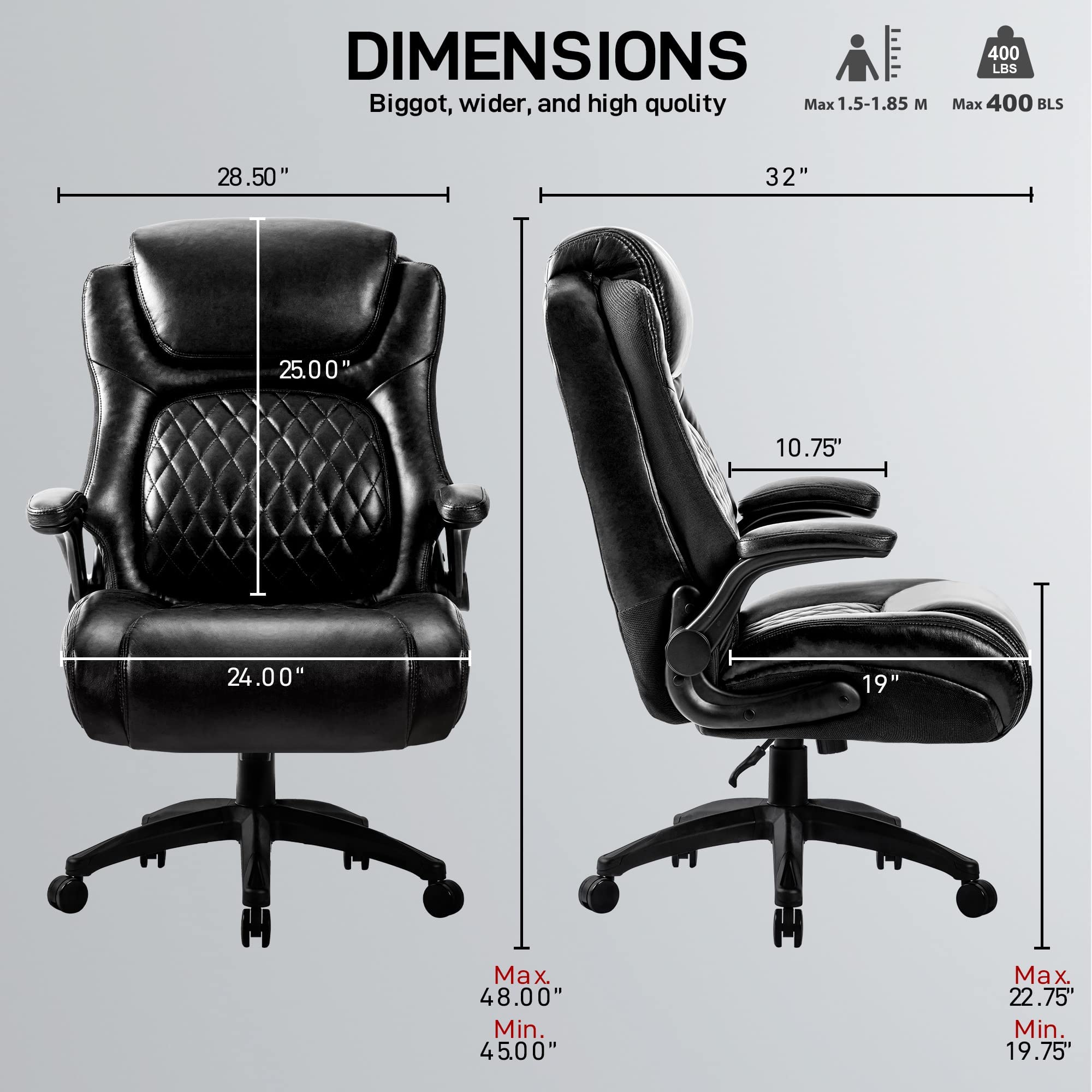 YI DANICA High Back Big & Tall 400lb Office Chair - Heavy Duty Metal Base, Adjustable Tilt Angle Large Bonded Leather Ergonomic Executive Computer Swivel Chairs