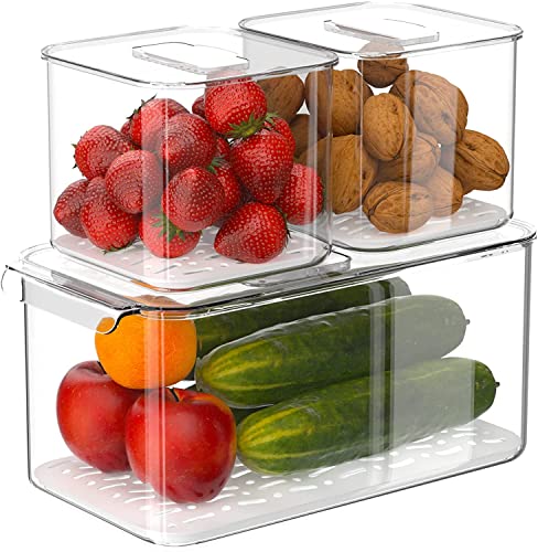 Fridge Storage Containers Produce Saver Stackable Refrigerator Organizer Bins with Removable Drain Tray Fridge Organizer for Fruits and Vegetables 3 Pack