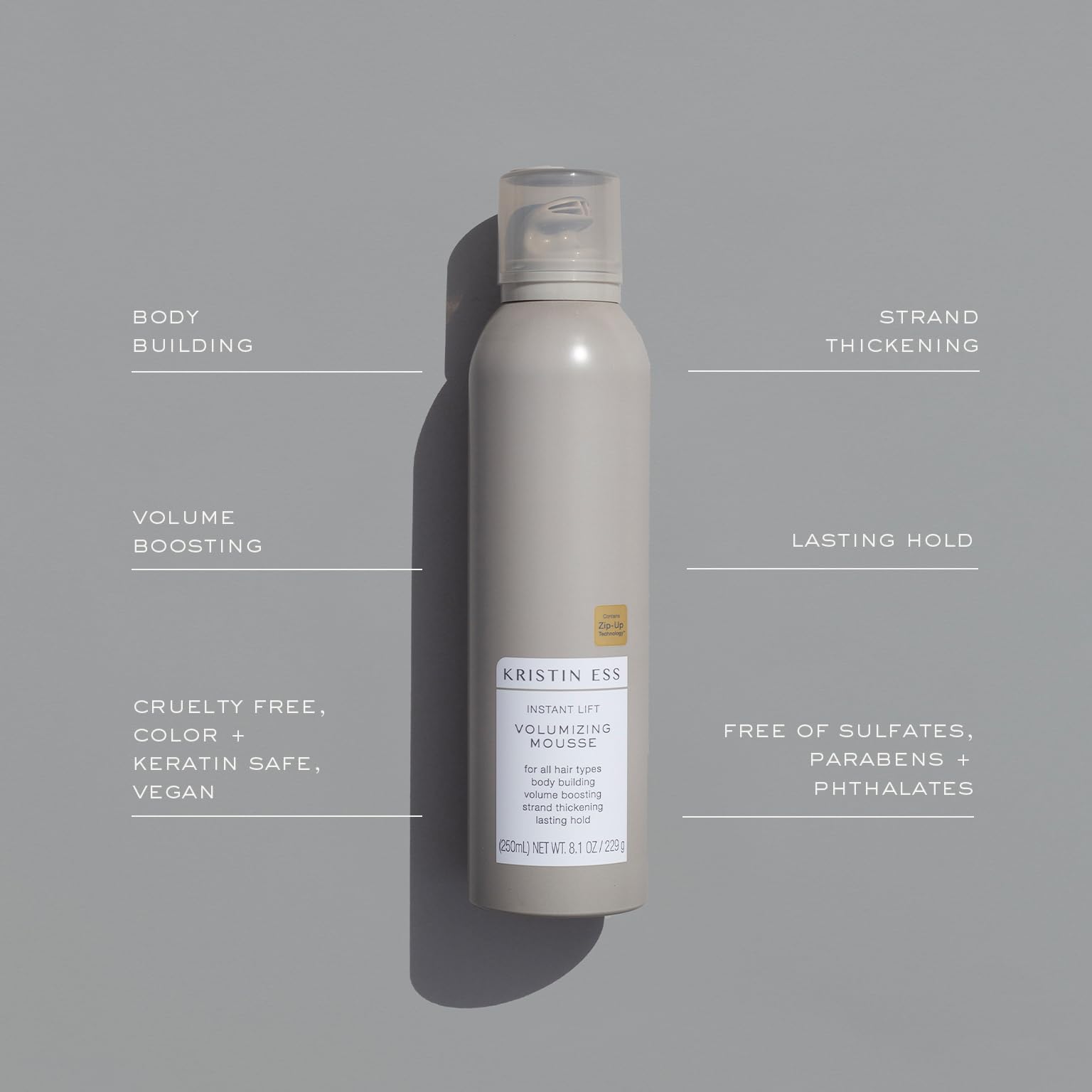 Kristin Ess Hair Instant Lift Volumizing Mousse with Castor Oil - Boosts Volume + Thickens, Body Building, Lasting Hold, Non Sticky, For Curly, Wavy + Straight Hair, 8.1 Oz