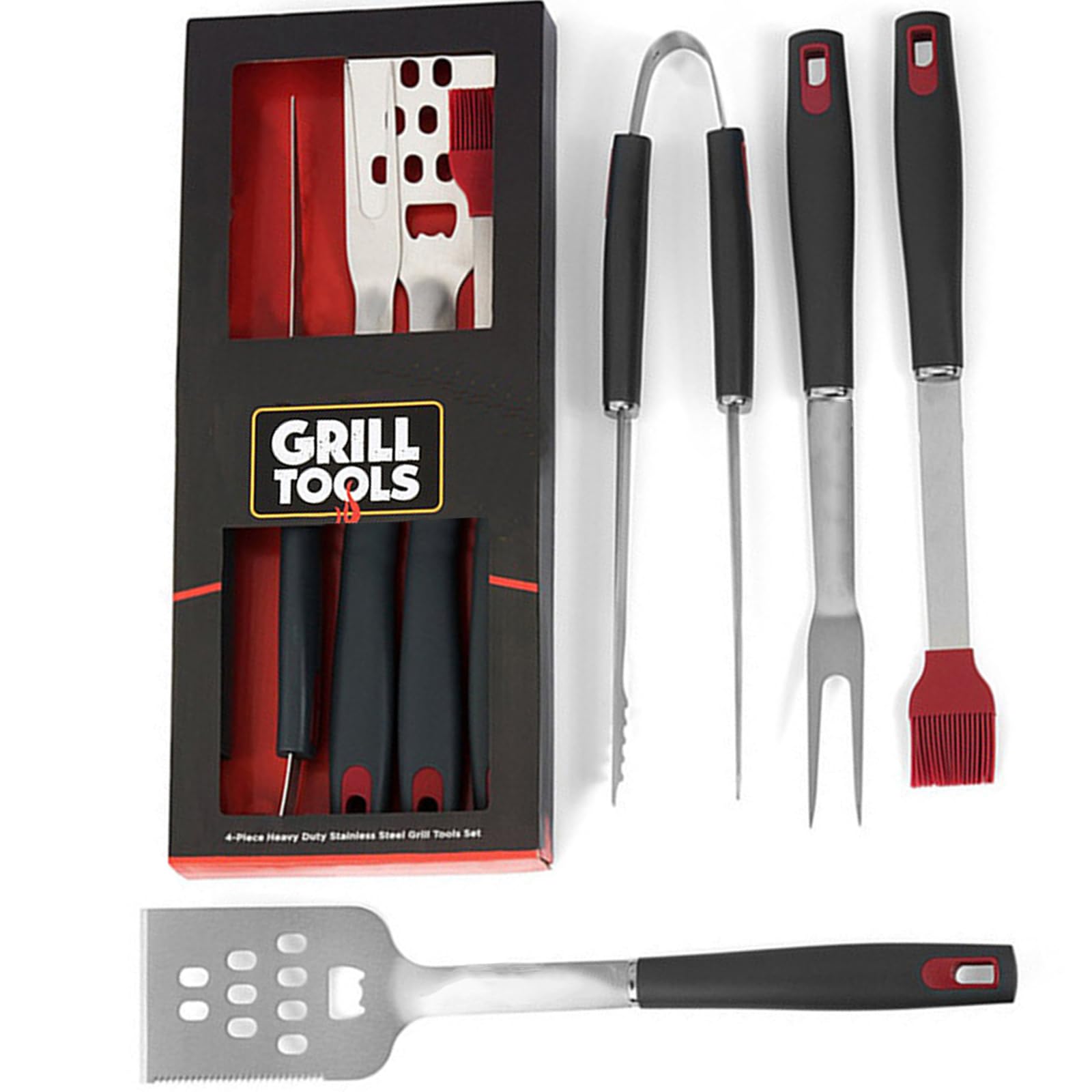 AFFRUI 4-Piece Barbecue Tool Set, Including Tongs, Spatula, Fork, Brush Stainless Steel Barbecue Set for Outdoor Backyard Camping Cooking Set Barbecue Tools, The for Men