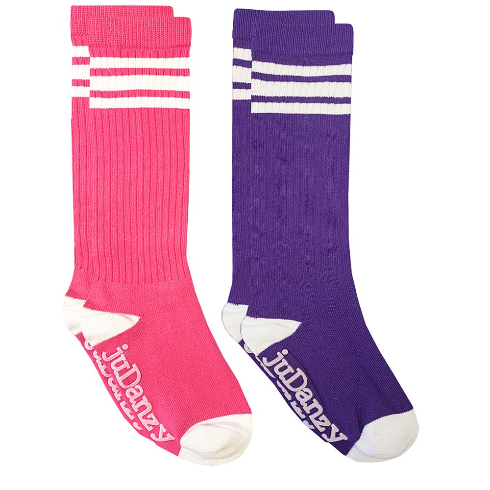 juDanzy 2 Pack of Baby, Toddler and Kids Knee High Tube Socks for Boys and Girls with Grips (4-6 Years, Dark Purple & Hot Pink)