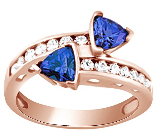 AFFY 1.42 cttw Simulated Blue Sapphire & White Natural Diamond Bypass Engagement Wedding Ring in 14k Rose Gold Ring Size 12.5