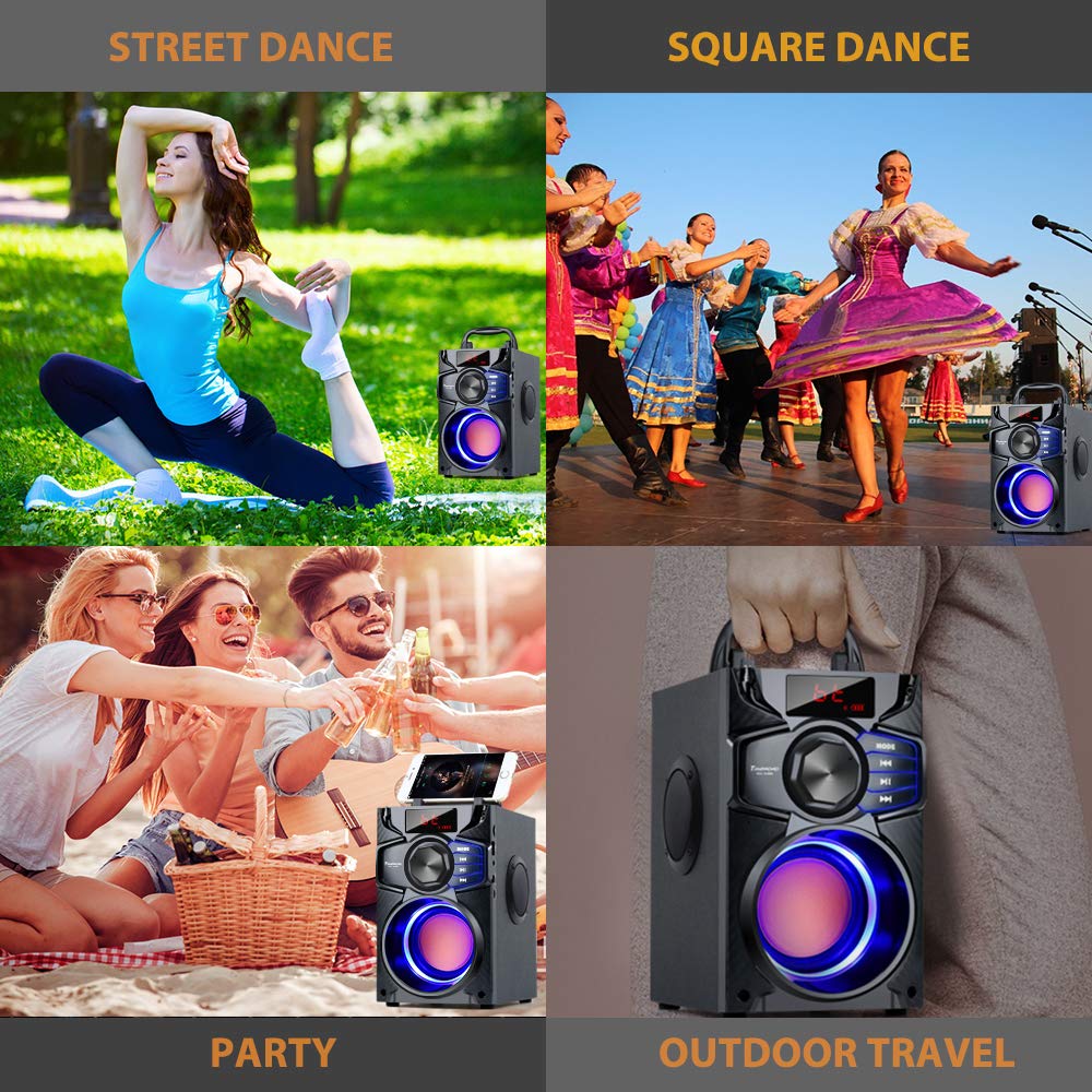 Bluetooth Speakers, Wireless Speaker with Impressive Sound, Rich Bass, Wireless Stereo Pairing, Portable Speaker with Party Light, Support Remote Control FM Radio for Phone Computer PC Home TV