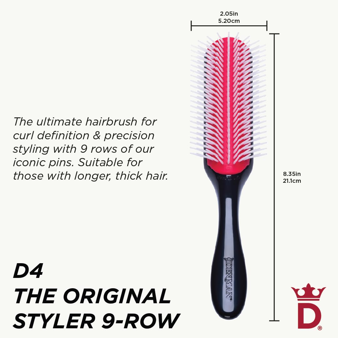 Denman Original Curl Definer & Styler 9 Row Hairbrush for Detangling, Separating, and Defining Longer Curls, Curly Hairbrush - Black