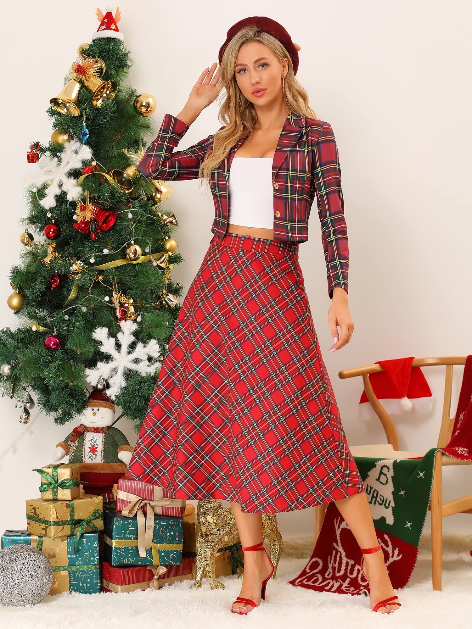 Allegra K Women's Notched Lapel Stretch Plaid Preppy Tartan Crop Blazer Small Red