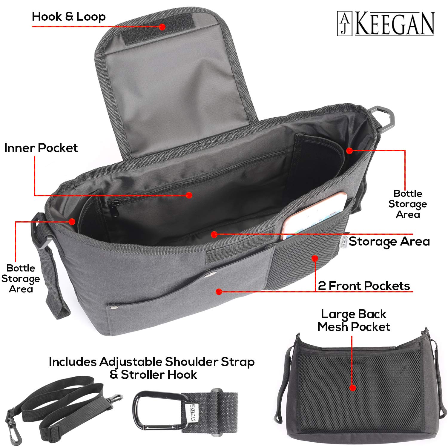 AJ KEEGAN Universal Baby Stroller Organizer with Cup Holders - The Only Stroller Accessory You Need - Universal Stroller Organizer Bag Includes Shoulder Strap & Stroller Hook - for Baby Shower Gifts