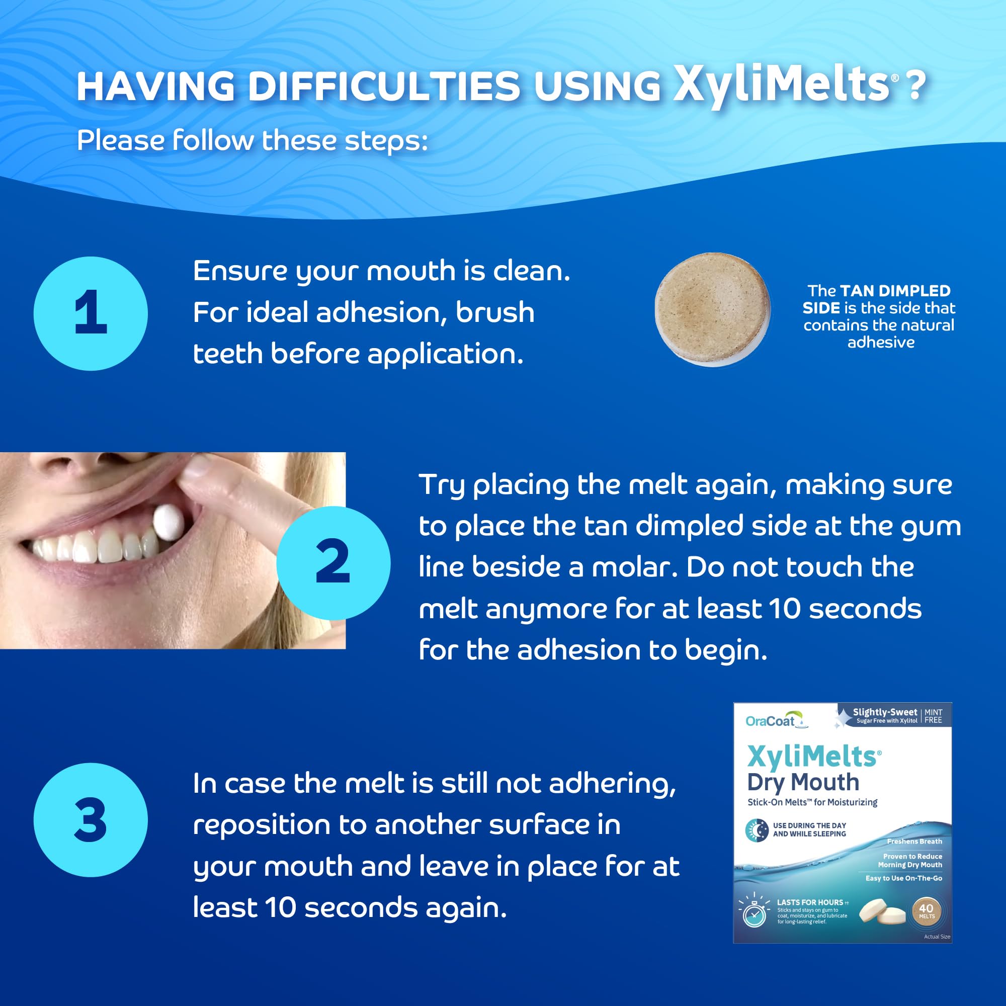 Oracoat XyliMelts Dry Mouth Relief Moisturizing Oral Adhering Discs 40 Count, Slightly-Sweet with Xylitol, for Dry Mouth, Stimulates Saliva