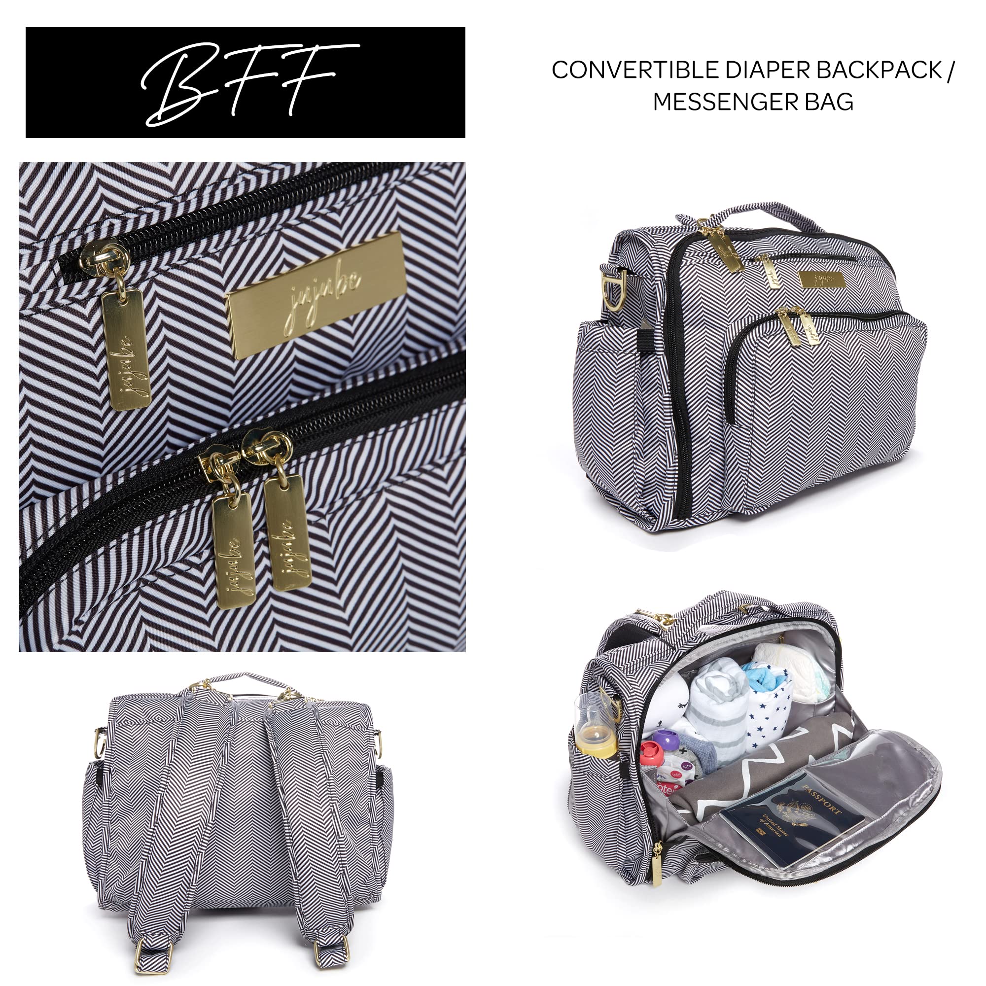 JuJuBe BFF Convertible Unisex Diaper Bag Backpack, Baby Bag with Changing Pad, Black Out