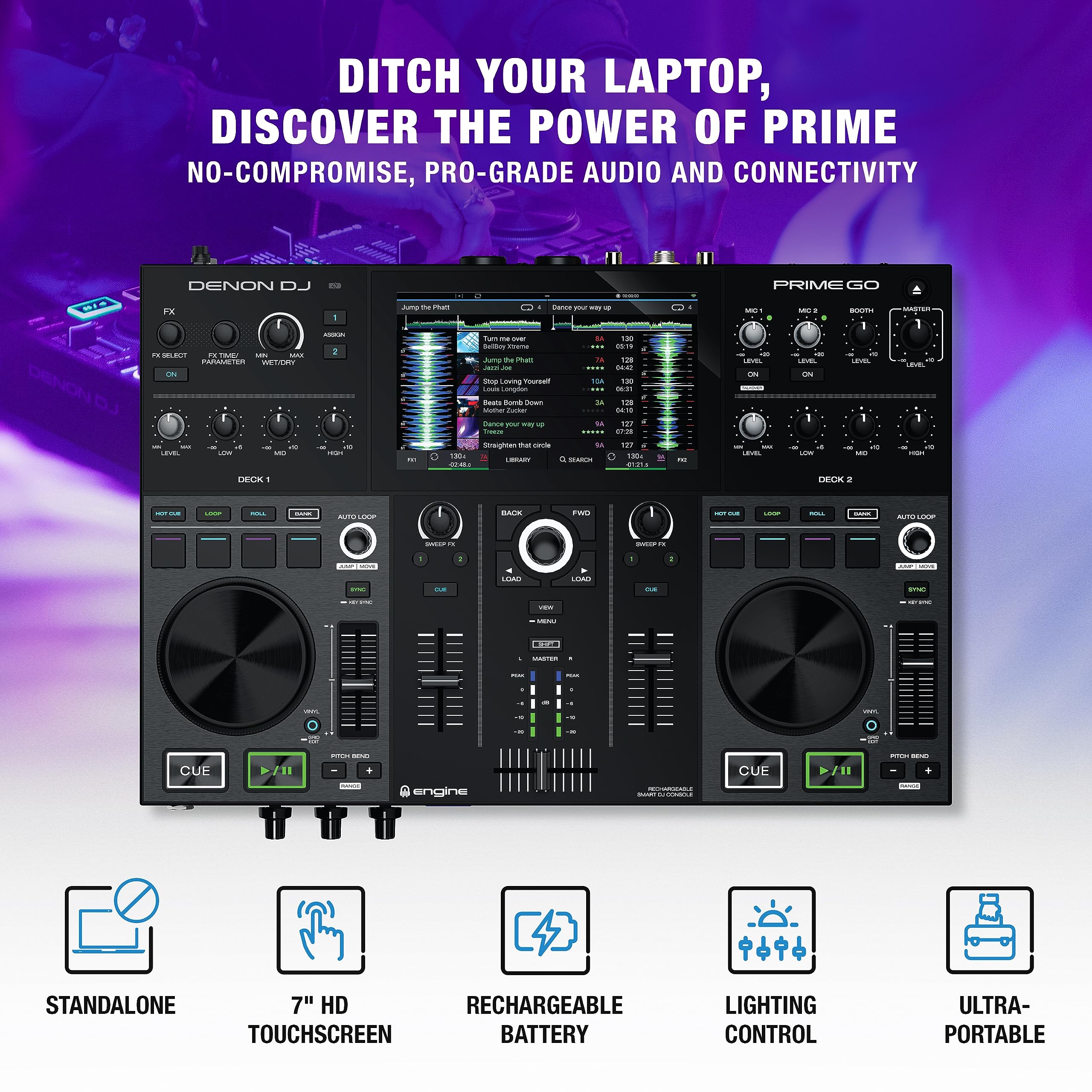Denon DJ PRIME GO – Portable DJ Controller and Mixer with 2 Decks, WIFI Streaming, 7-Inch HD Touchscreen, DJ Set with Lights Control and Rechargeable Battery