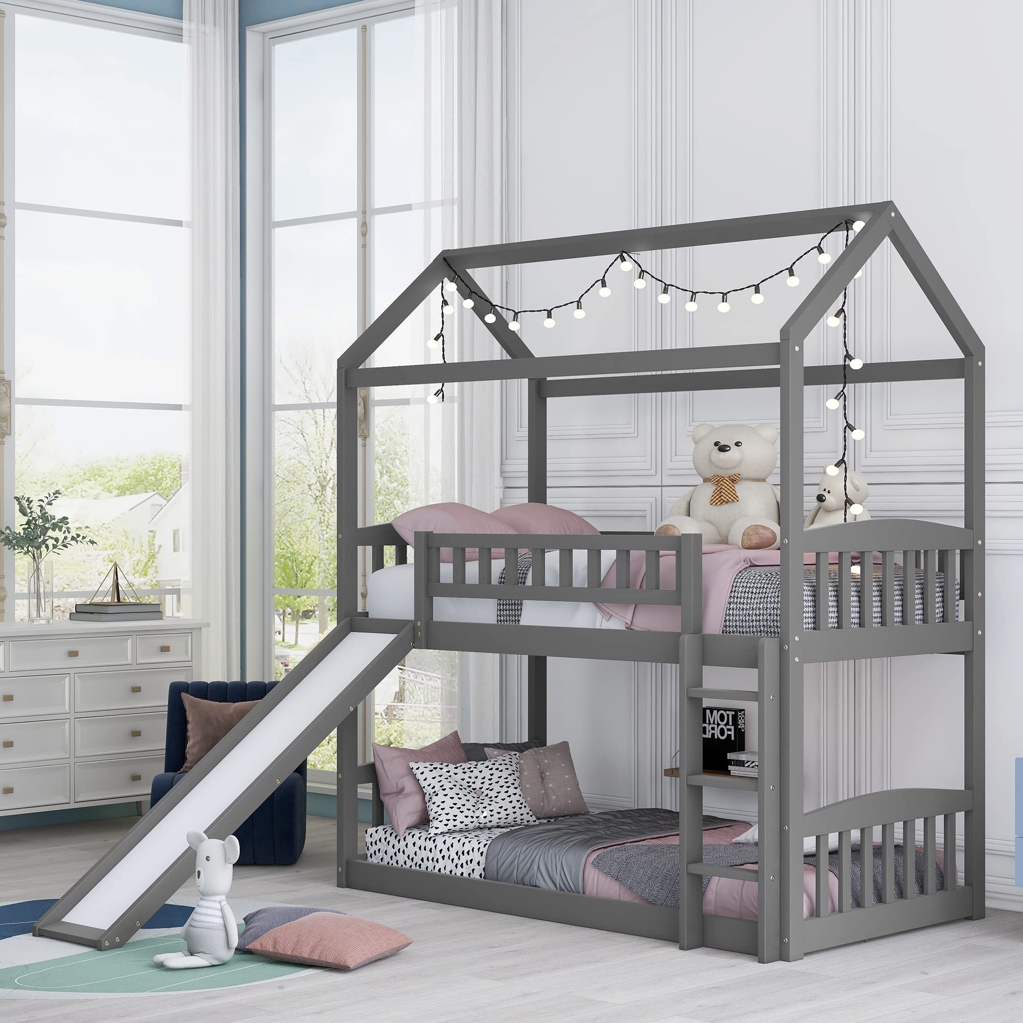 House Bunk Beds with Slide Twin Over Twin Floor Bunk Bed Frame Wood Playhouse Bunkbed with Storage for Kids Toddlers Girls/Boys, Gray