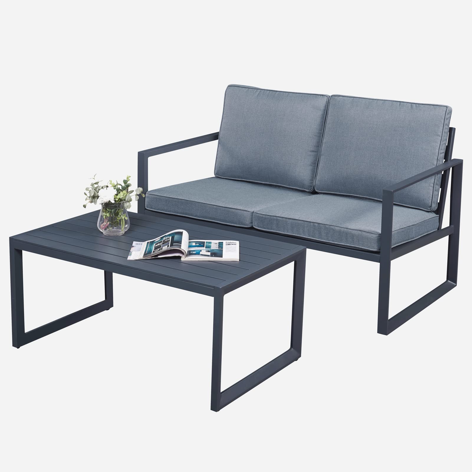 RICNOD Outdoor Loveseat with Coffee Table, Patio Conversation Set, Aluminum Modern Patio Furniture Set with Cushions for Balcony,Backyard, Poolside, Dark Grey