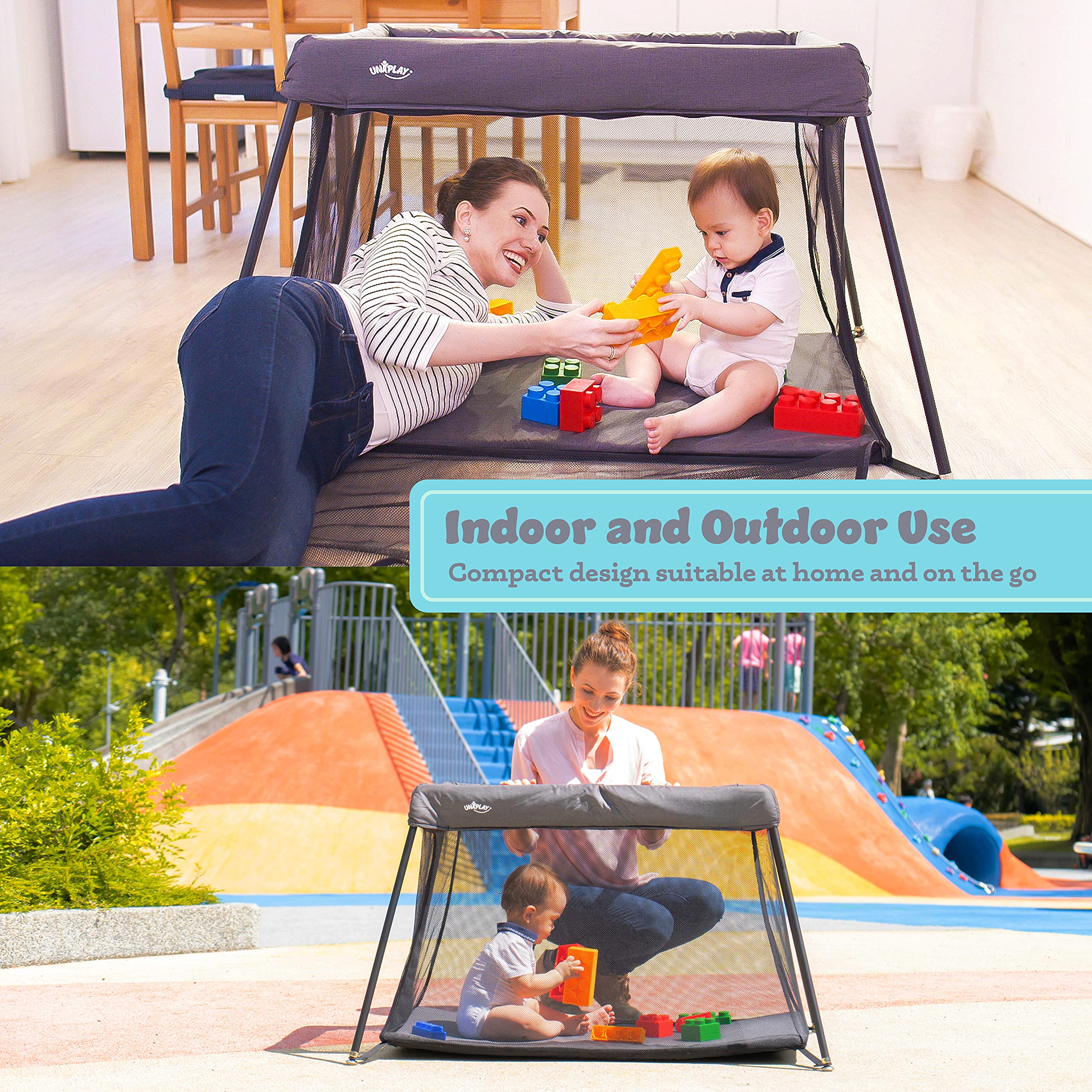 UNiPLAY Baby Foldable Travel Crib, Portable Toddler Playpen with Carry Case and Side Zipper Design for Easy Access