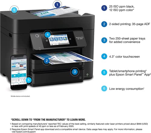 EpsonWorkforce Pro WF-4833 Color Inkjet Printer - Wireless All-in-One, Print, Scan, Copy, Fax - Ethernet, 25ppm, Auto 2-Sided Printing, 50-Sheet ADF - High Productivity Quality, Nowco Cloth