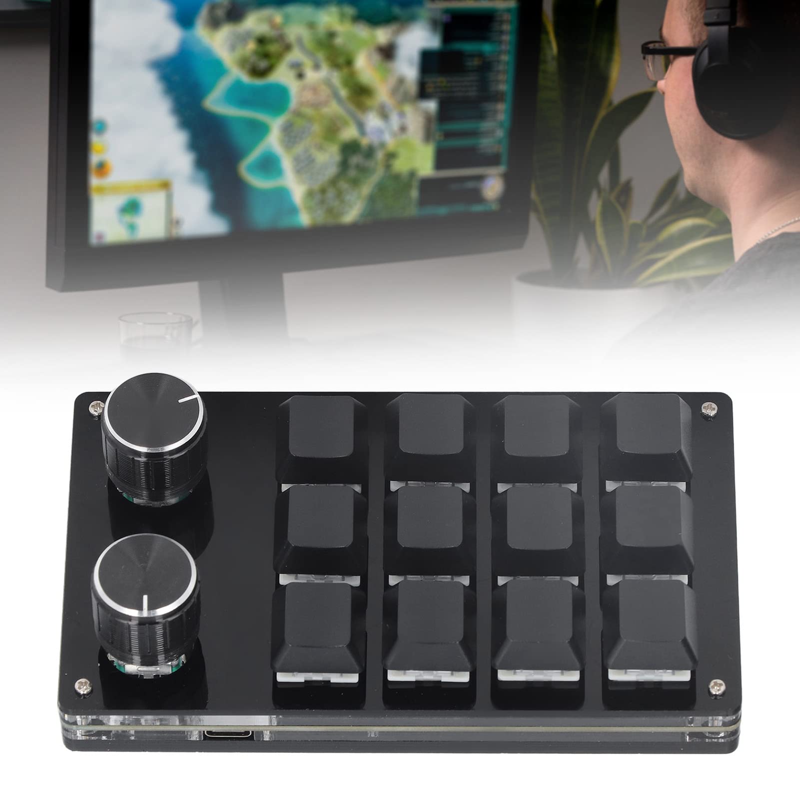 ASHATA Mechanical Gaming Keypad, 12 Keys 2 Knobs Small DIY Programming Keypad Keyboard, Gaming Keyboard with USB Cable for Office Game Music Media