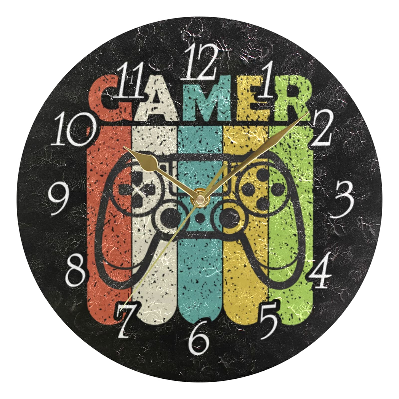 Colorful Joystick Vintage Gamepad with Slogan Gamer on Dark Wall Clock, Silent Non-Ticking Easy to Read Round Decorative Wall Clock with Gold Hands for Home Office School 9.5" in Diameter