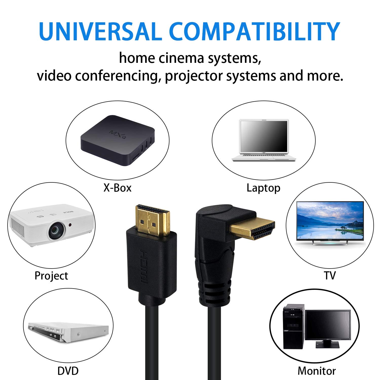 Poyiccot HDMI 2.0 Cable 2 Feet, 4K@60Hz HDMI to HDMI Cable, 90 Degree HDMI Male to Male Cable 18Gbps High Speed HDMI 2.0 Cable Gold-Plated Upward Angle HDMI Connector Cable (M/M Up)